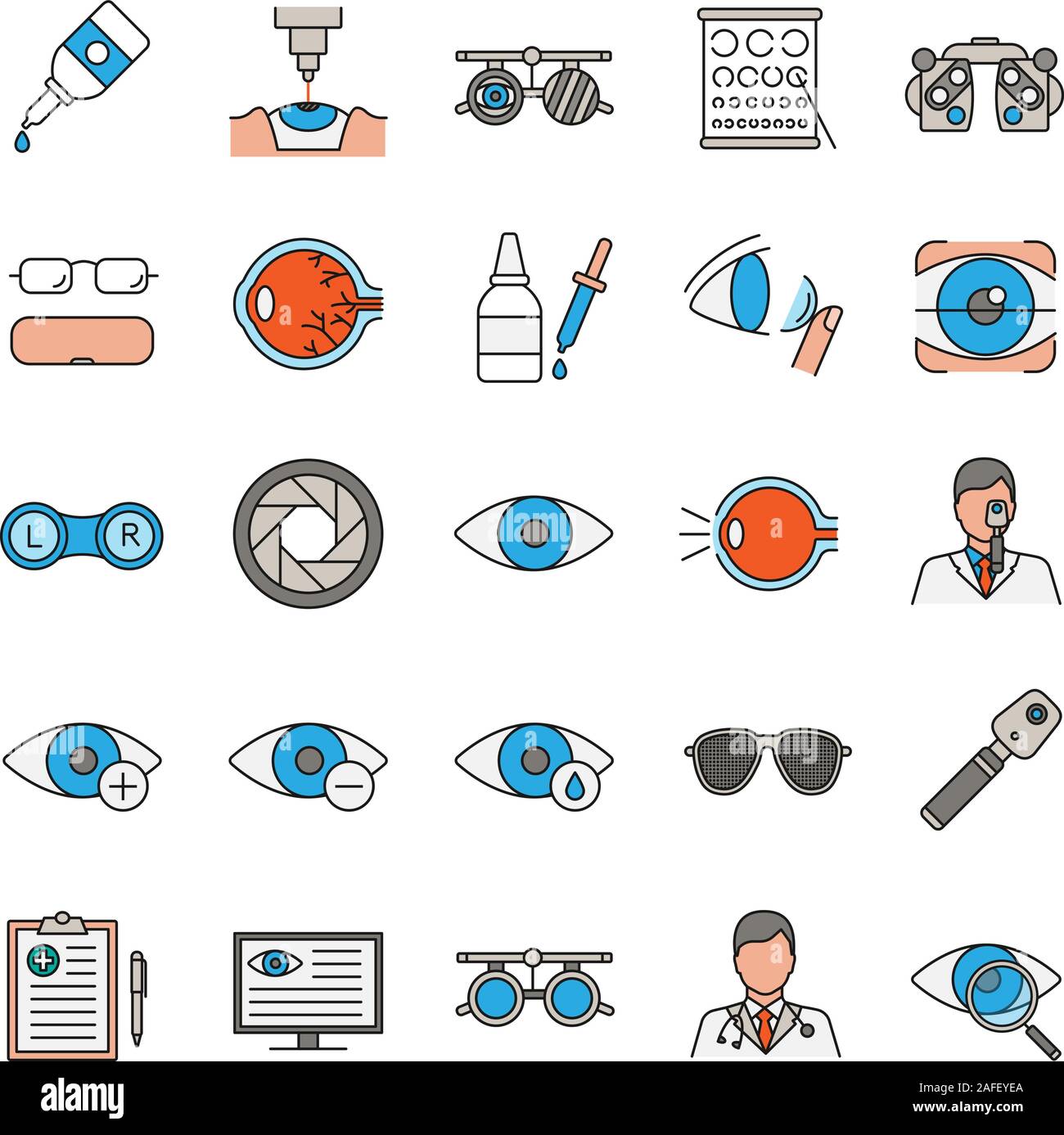Ophtalmology farbige Symbole gesetzt. Optometrie. Vision Untersuchung ...