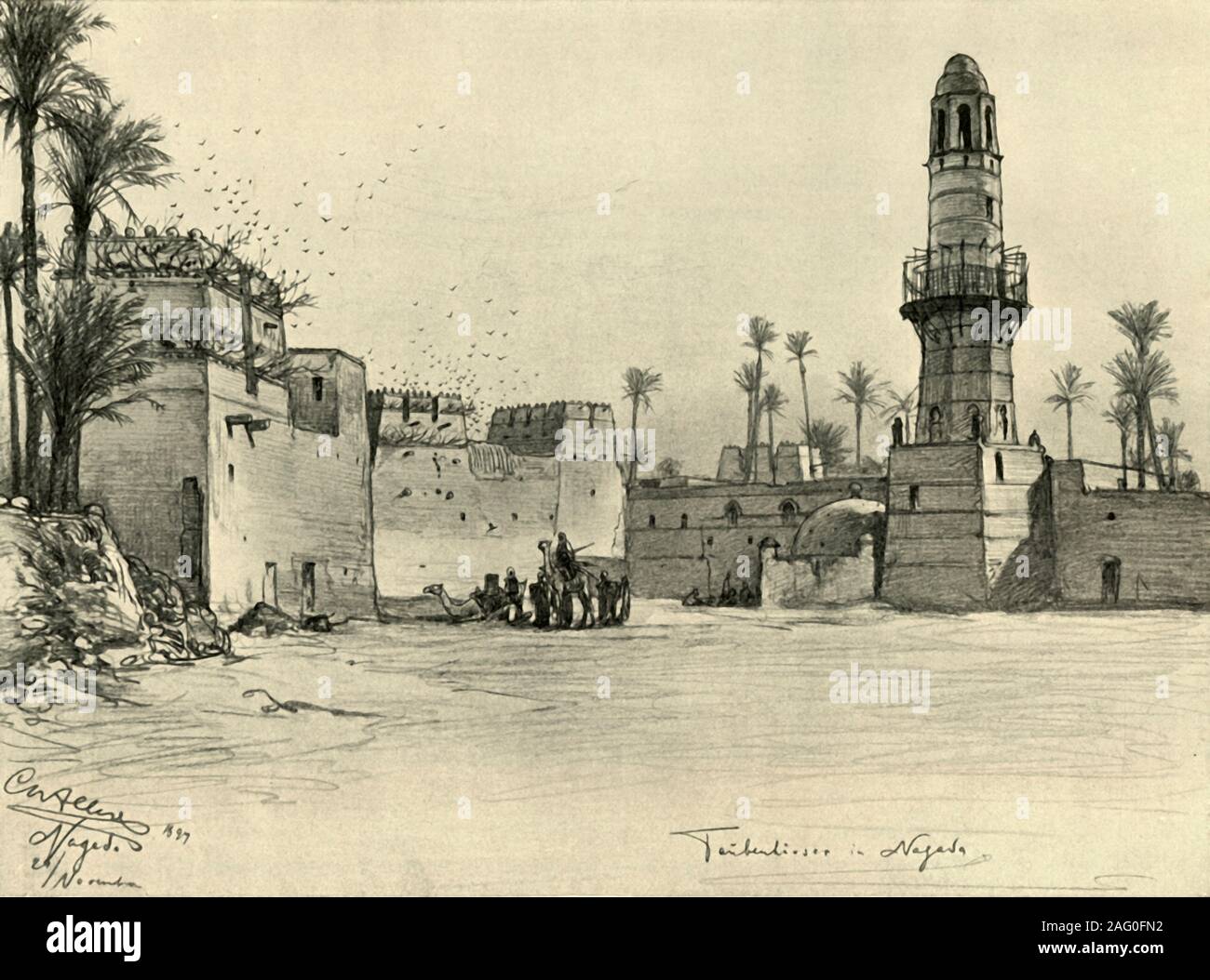 Häuser in Nagada, Ägypten, 1898. Minarett in der Stadt Nagada oder ...