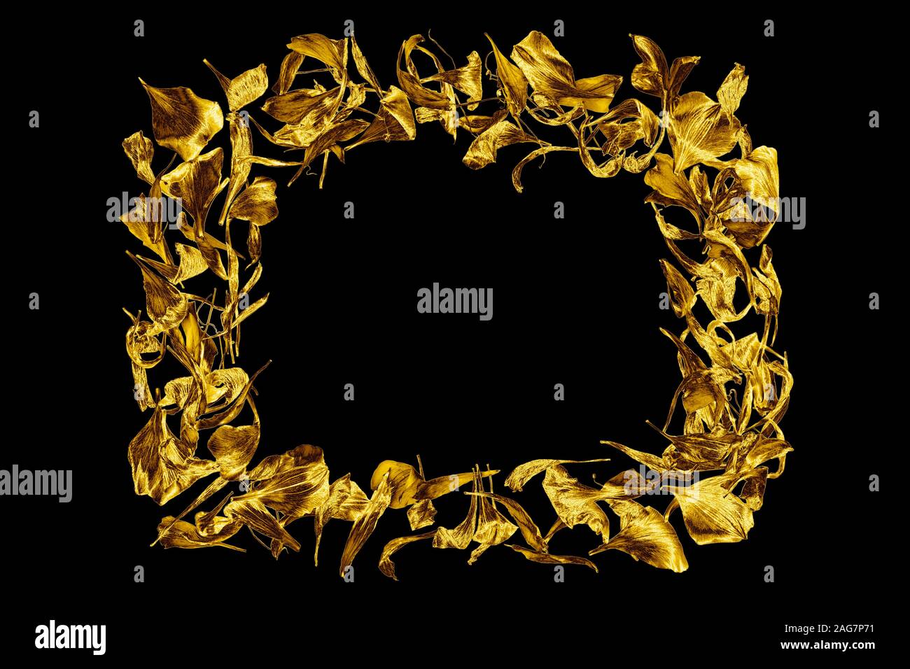 Goldene Rahmen aus Blütenblätter auf schwarzen Hintergrund isoliert ...