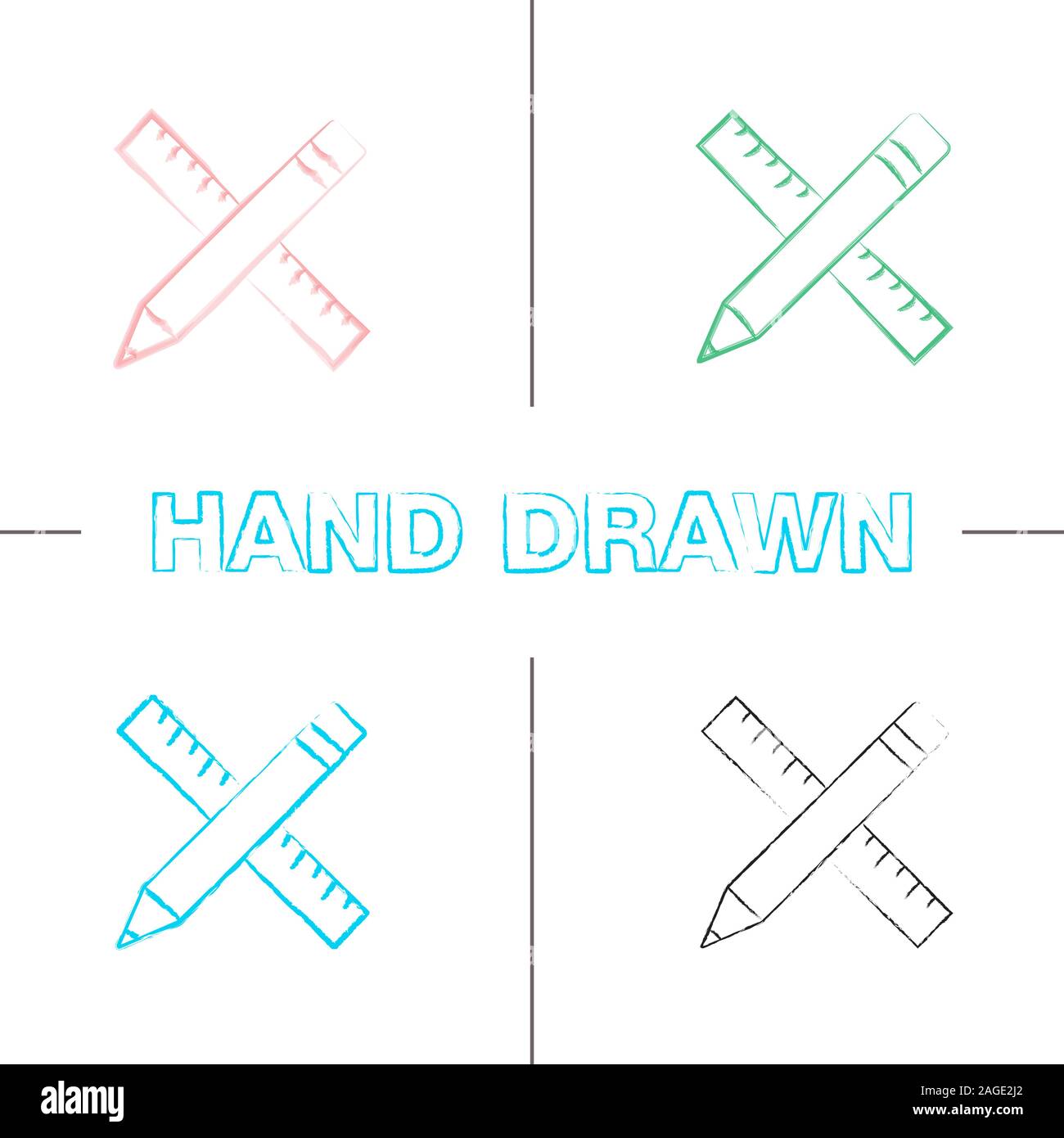 Lineal und Bleistift Hand gezeichneten Symbole gesetzt. Farbe ...