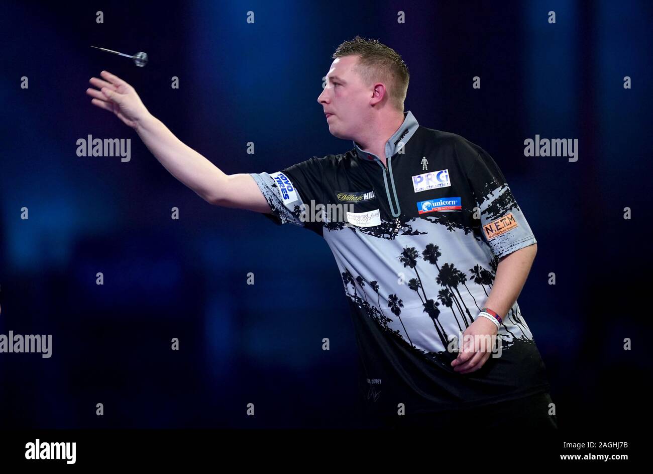 Chris Dobey während seinem Match gegen Ron Meulenkamp vor der ...