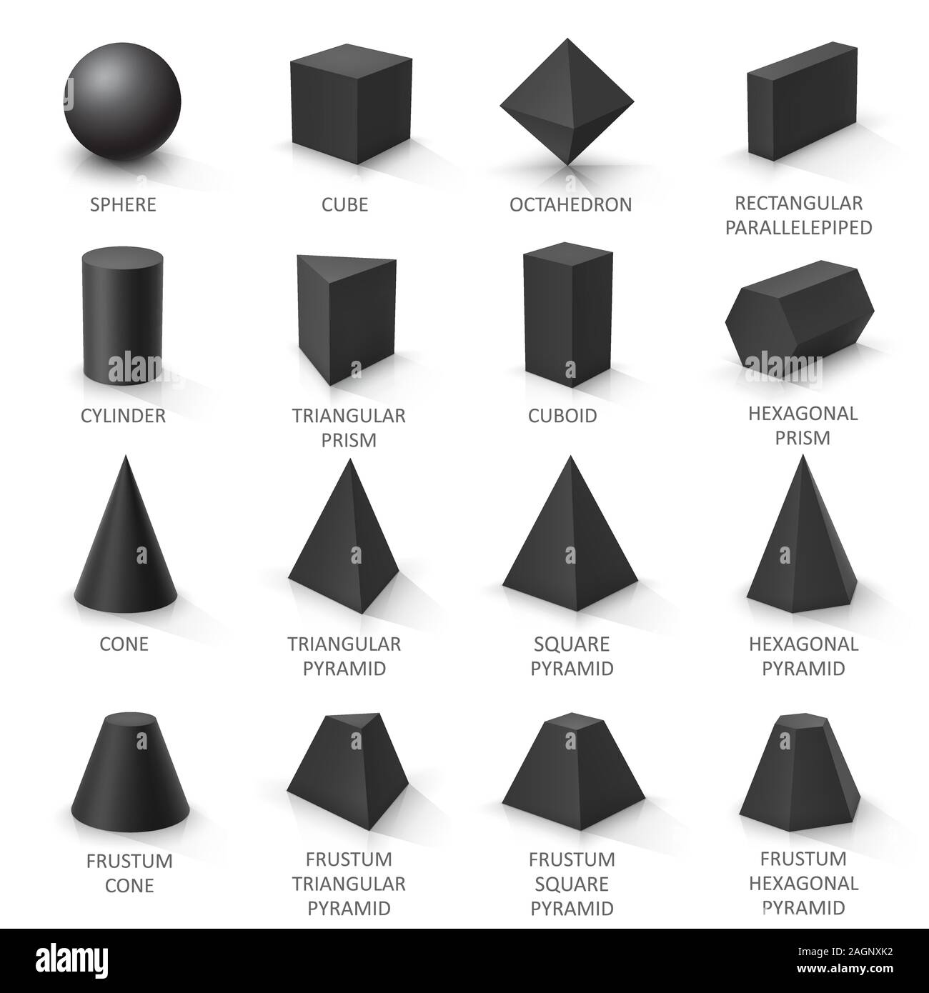 Grundlegende 3D-Formen. Schwarze geometrische Körper auf einem weißen ... Grundlegende 3D-Formen. Schwarze geometrische Körper auf einem weißen ...