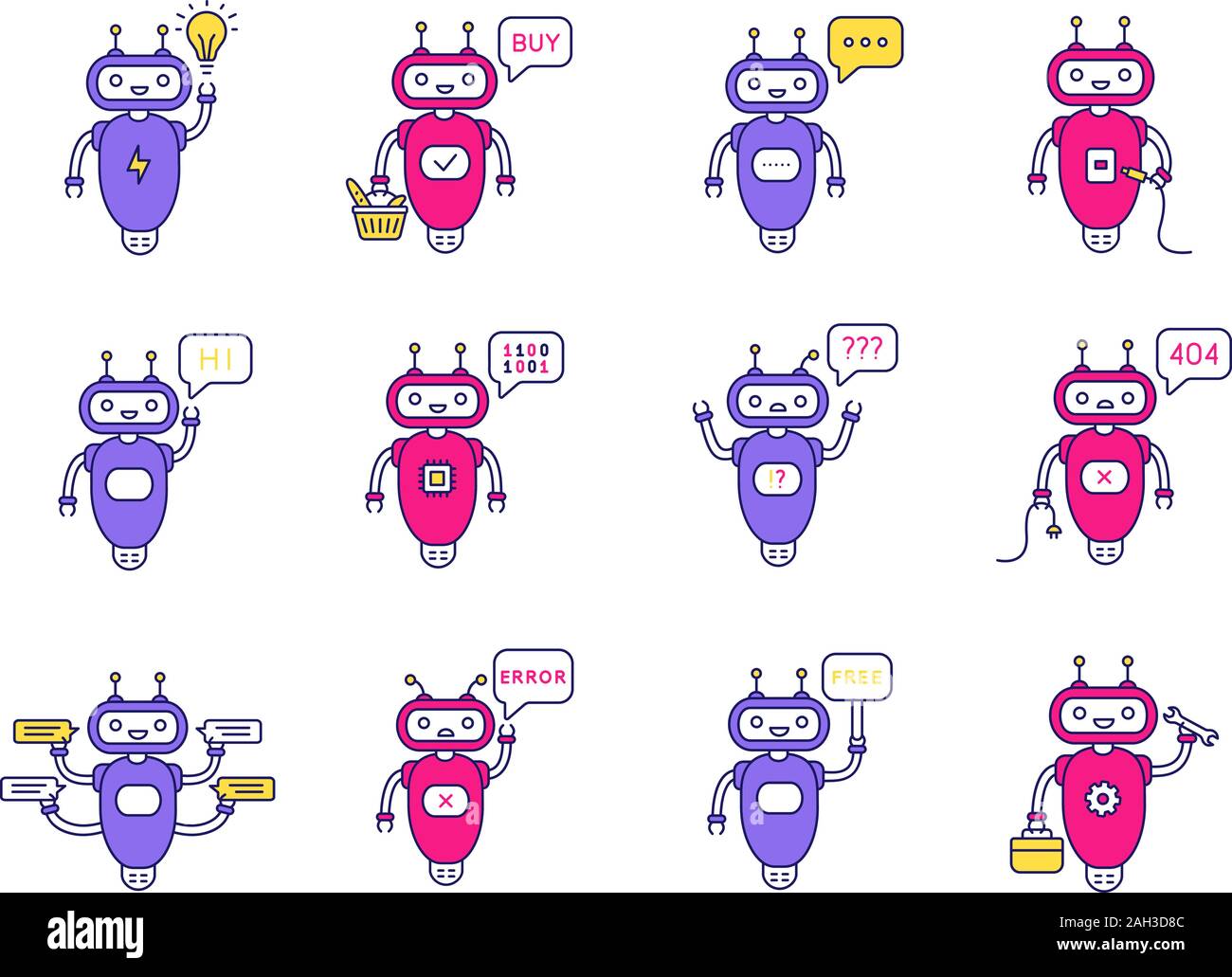 Chatbots farbige Symbole gesetzt. Virtuelle Assistenten. Talkbots. Chat ...