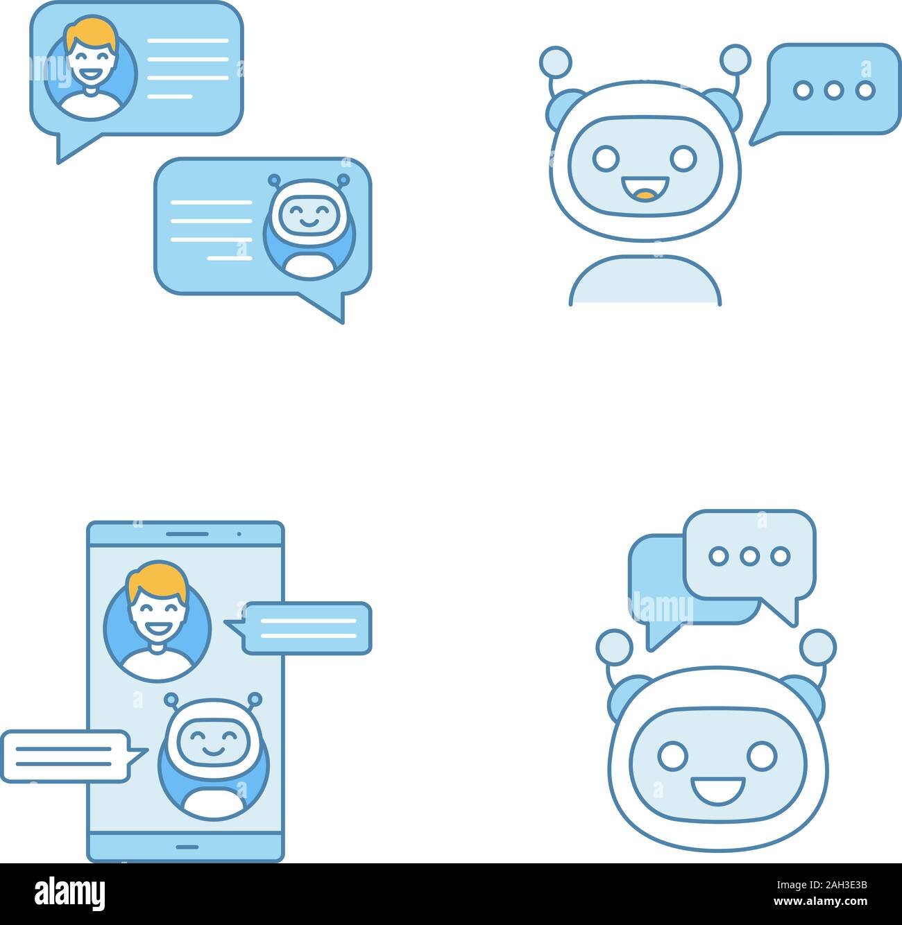 Chatbots farbige Symbole gesetzt. Virtuelle Assistenten. Messenger und ...
