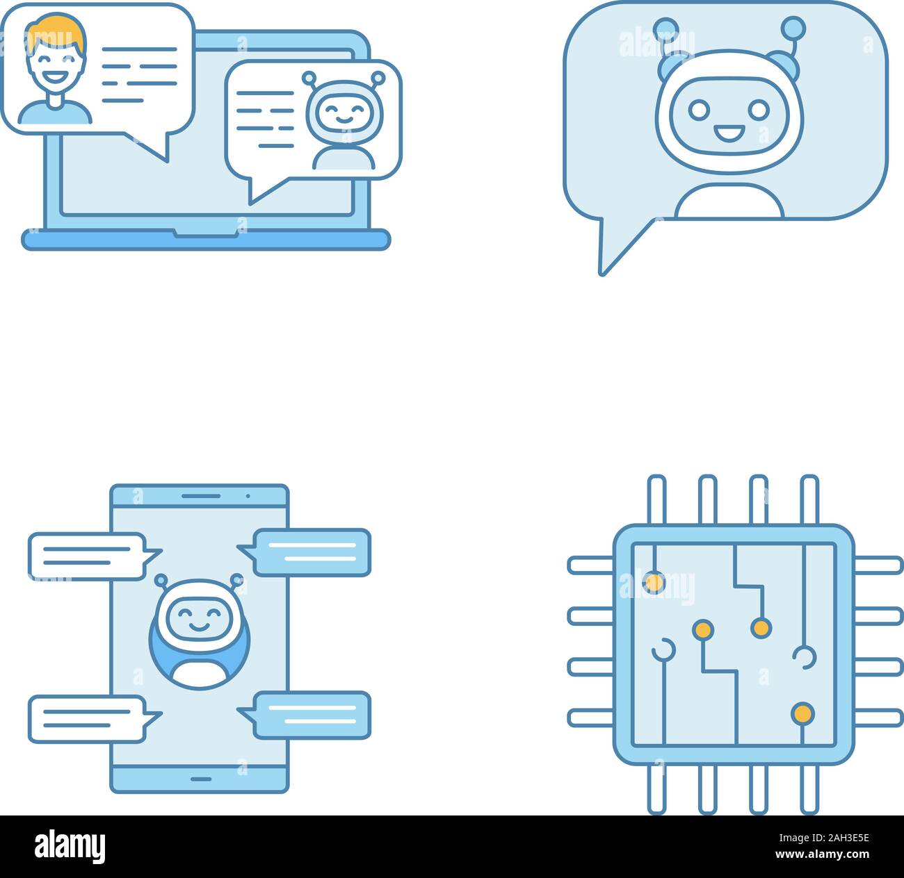Chatbots farbige Symbole gesetzt. Virtuelle Assistenten. Messenger und ...