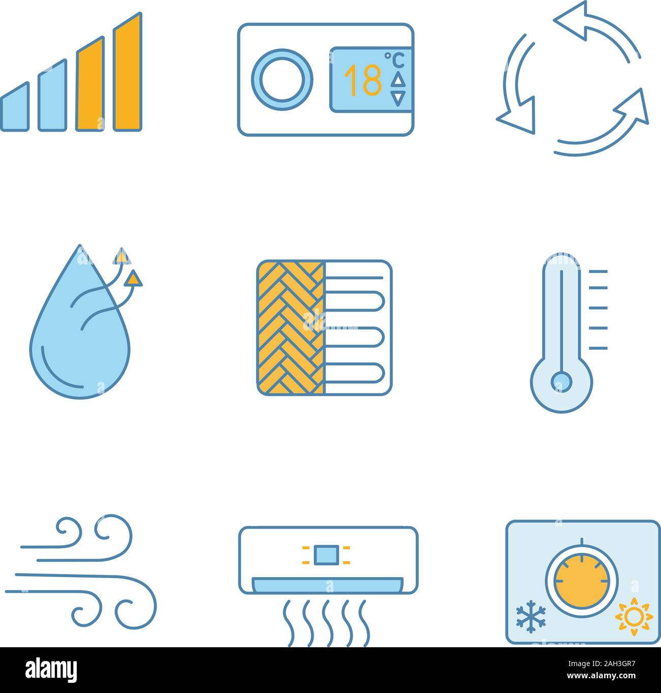 Klimaanlage Farbe Symbole gesetzt. Leistung, Thermostat, Belüftung ...