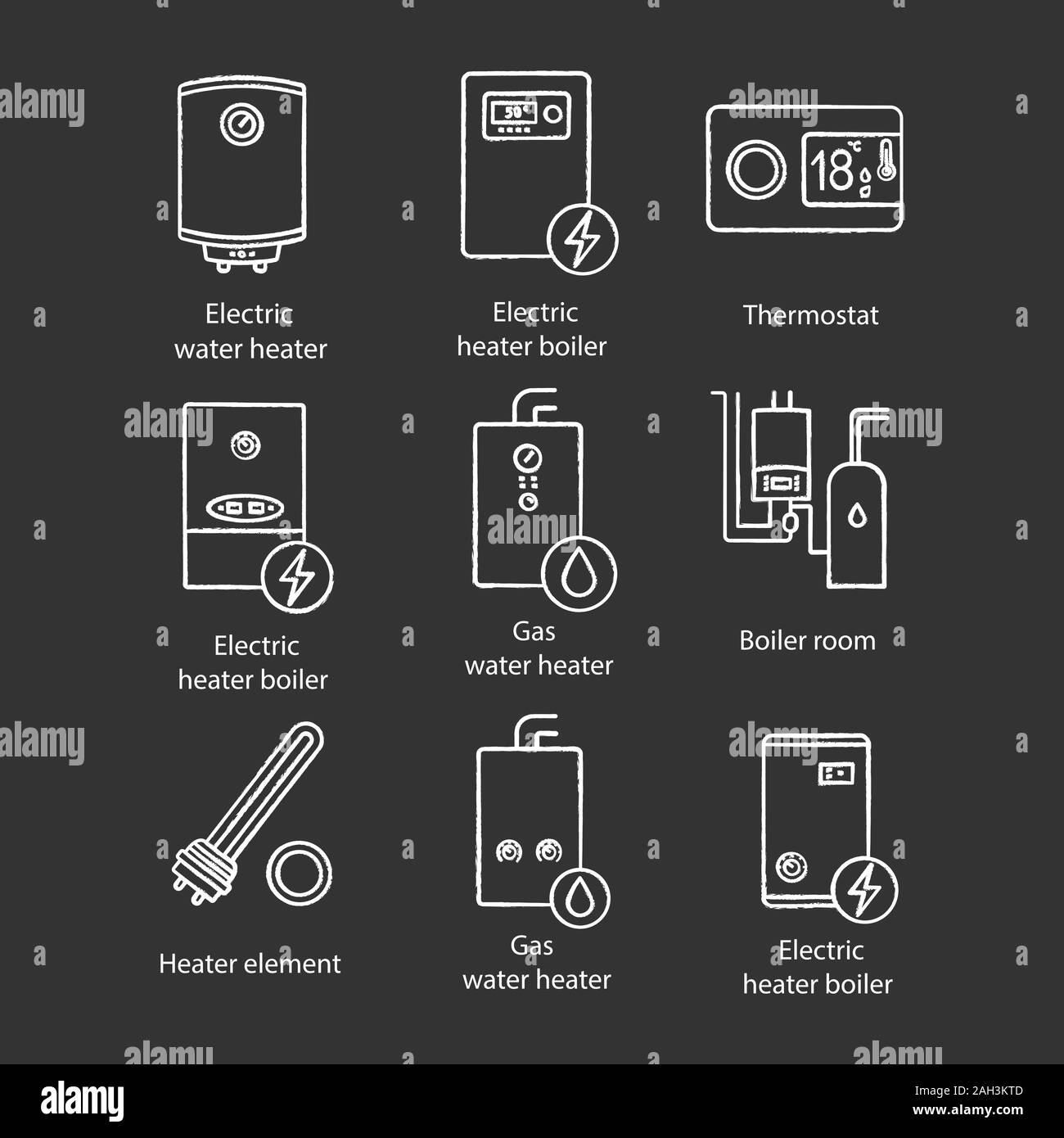Heizung chalk Symbole gesetzt. Heizkessel, Heizkörper, Thermostat ...