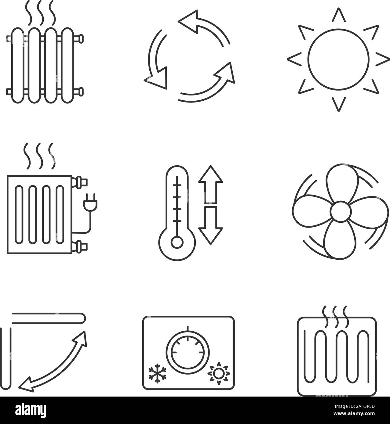 Klimaanlage lineare Symbole gesetzt. Heizkörper, Lüftung, Sonne, Klima ...