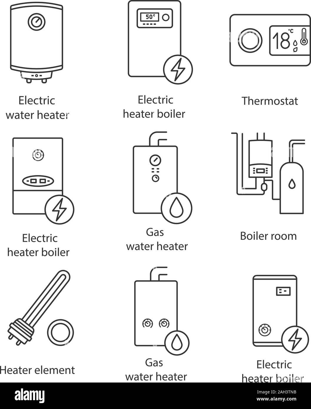 Heizung lineare Symbole gesetzt. Heizkessel, Heizkörper, Thermostat ...