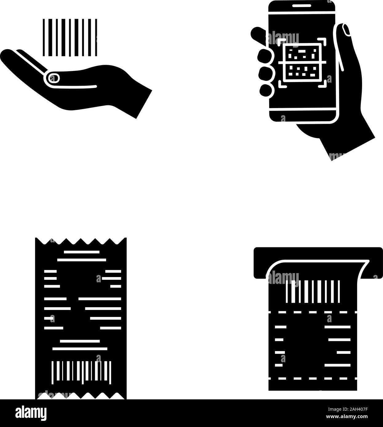 Barcodes Glyphe Symbole gesetzt. Lineare Barcodes in der Hand, QR-Codes ... Barcodes Glyphe Symbole gesetzt. Lineare Barcodes in der Hand, QR-Codes ...