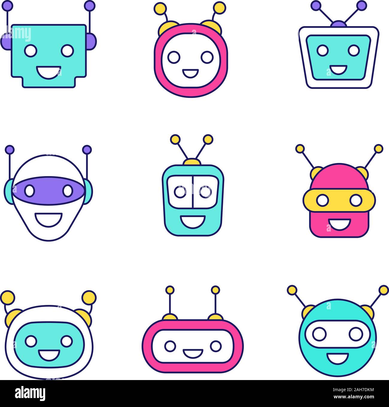 Chatbots farbige Symbole gesetzt. Moderne Roboter emojis. Lachen ...