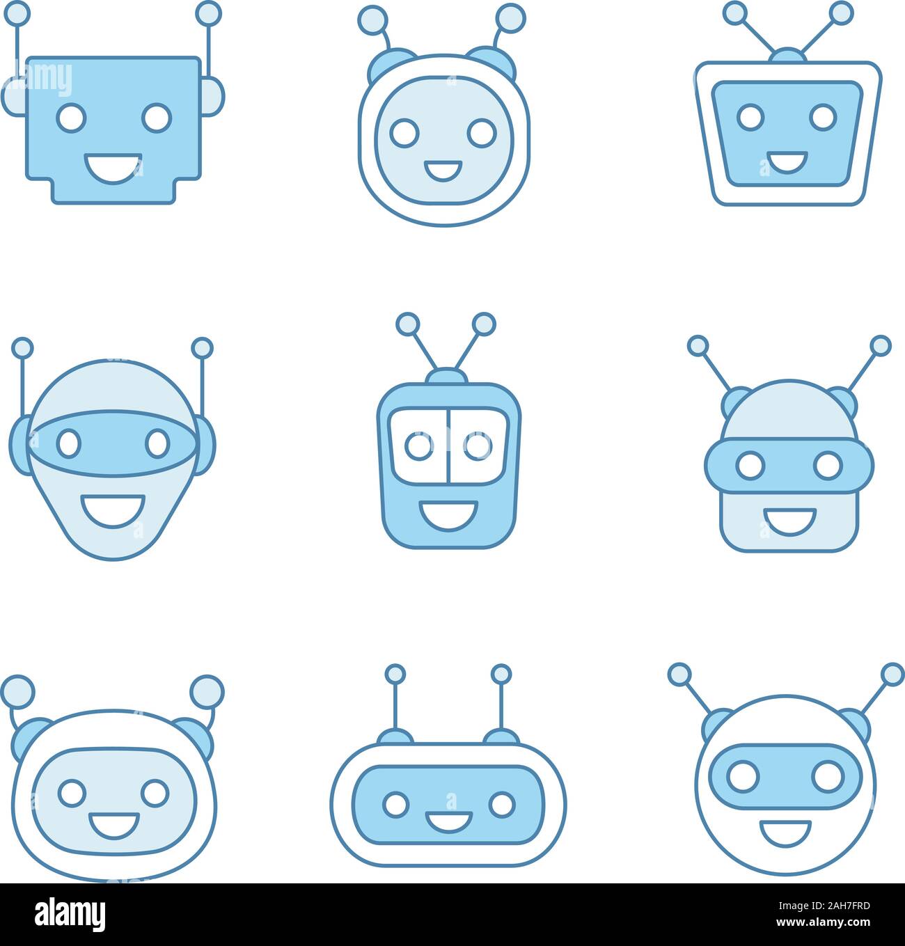 Chatbots farbige Symbole gesetzt. Moderne Roboter emojis. Lachen ...