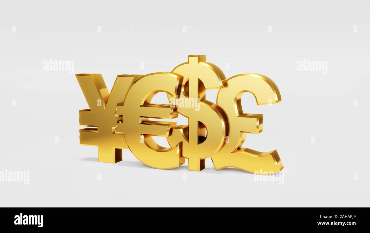 3D-Darstellung der Währungssymbole ein Dollar Yen Euro Pfund Zeichen ...