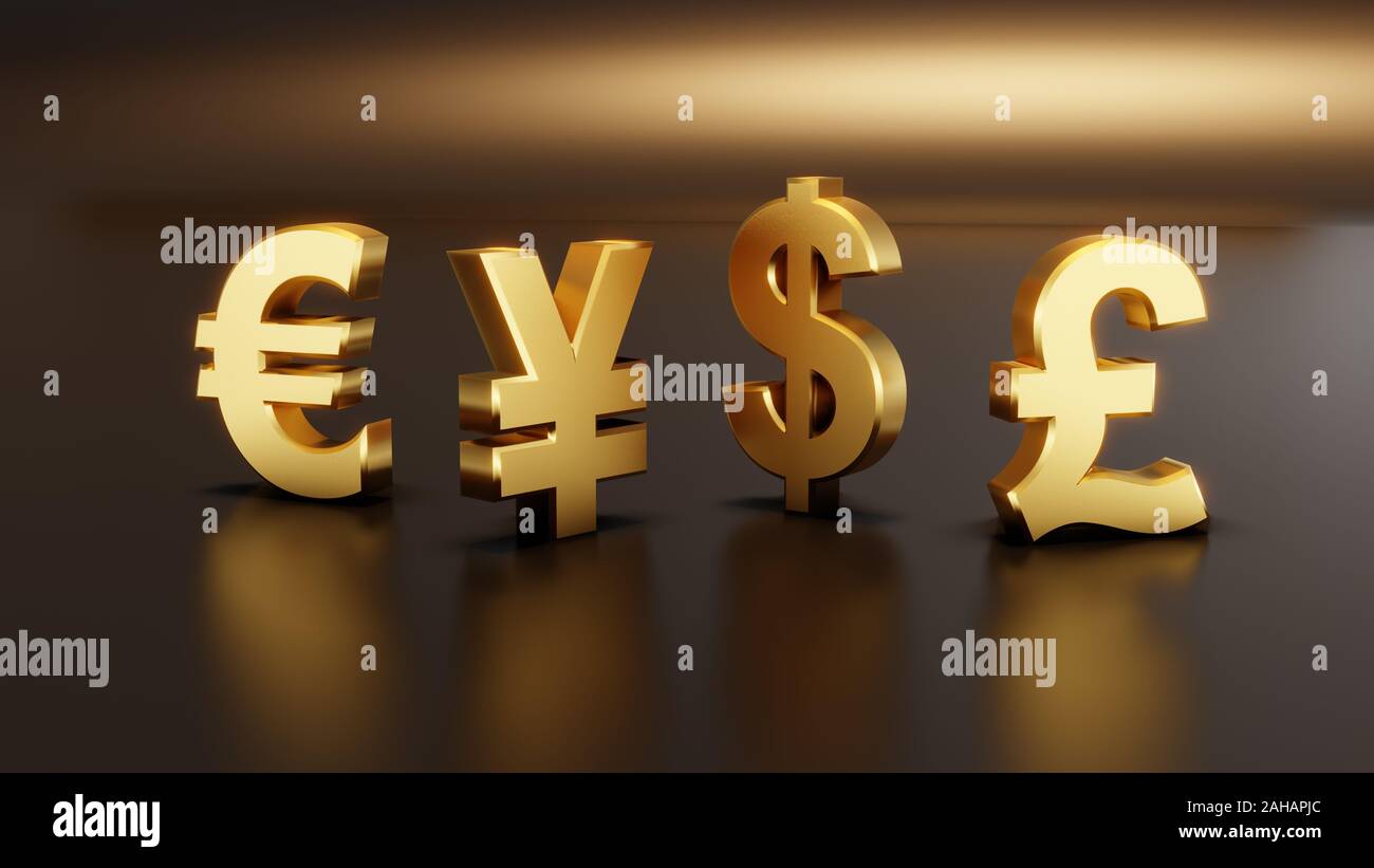 Goldene Farbe 3D-Währung, Symbole, Symbol "Währung". Euro, Yen, Dollar ...