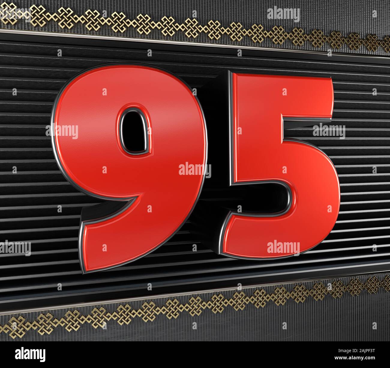 Rote Zahl 95 (Nummer 95) mit goldenen Symbole endloser Knoten. 3D ...