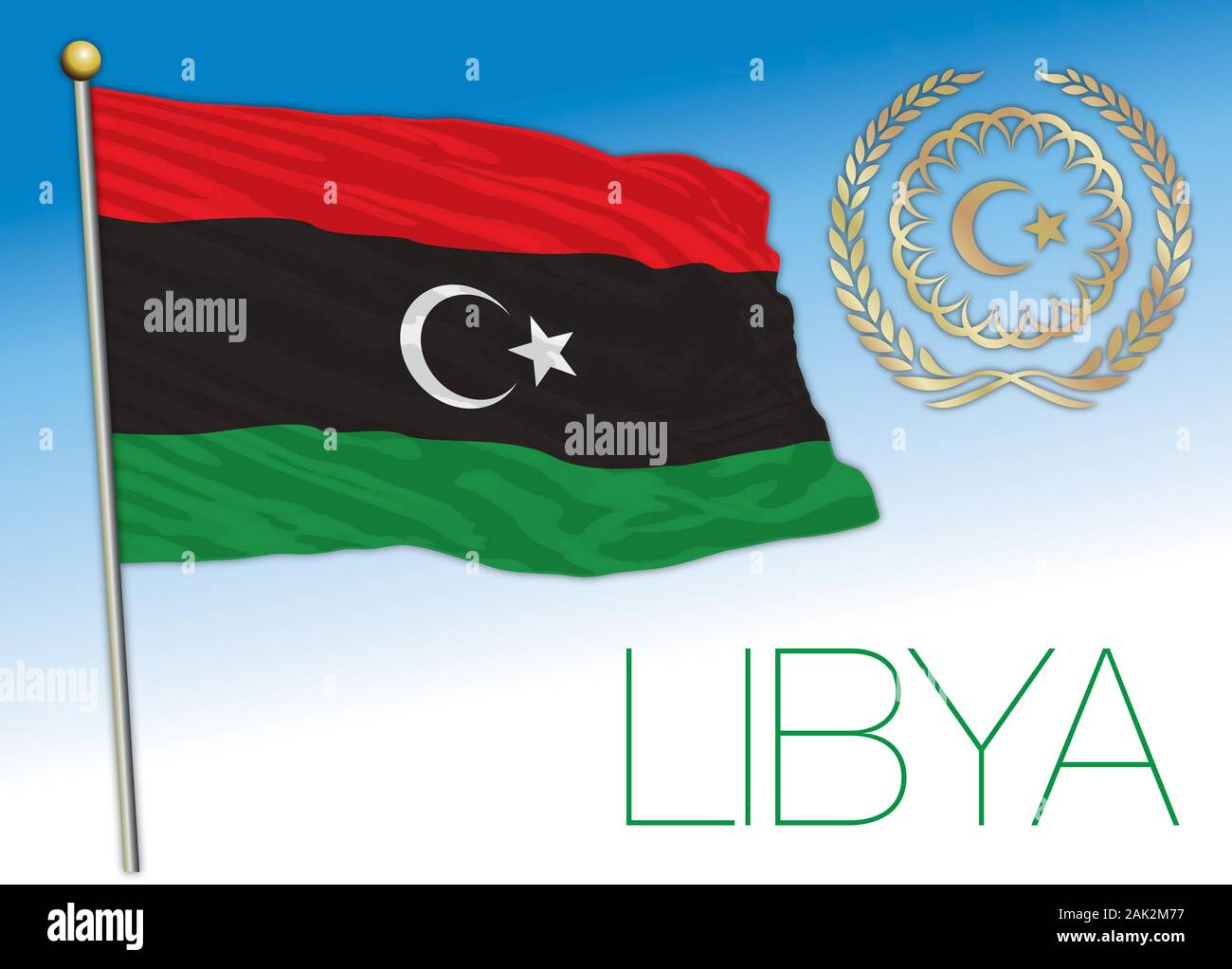 Libyen offizielle Flagge und Wappen, die afrikanische Länder sind ...
