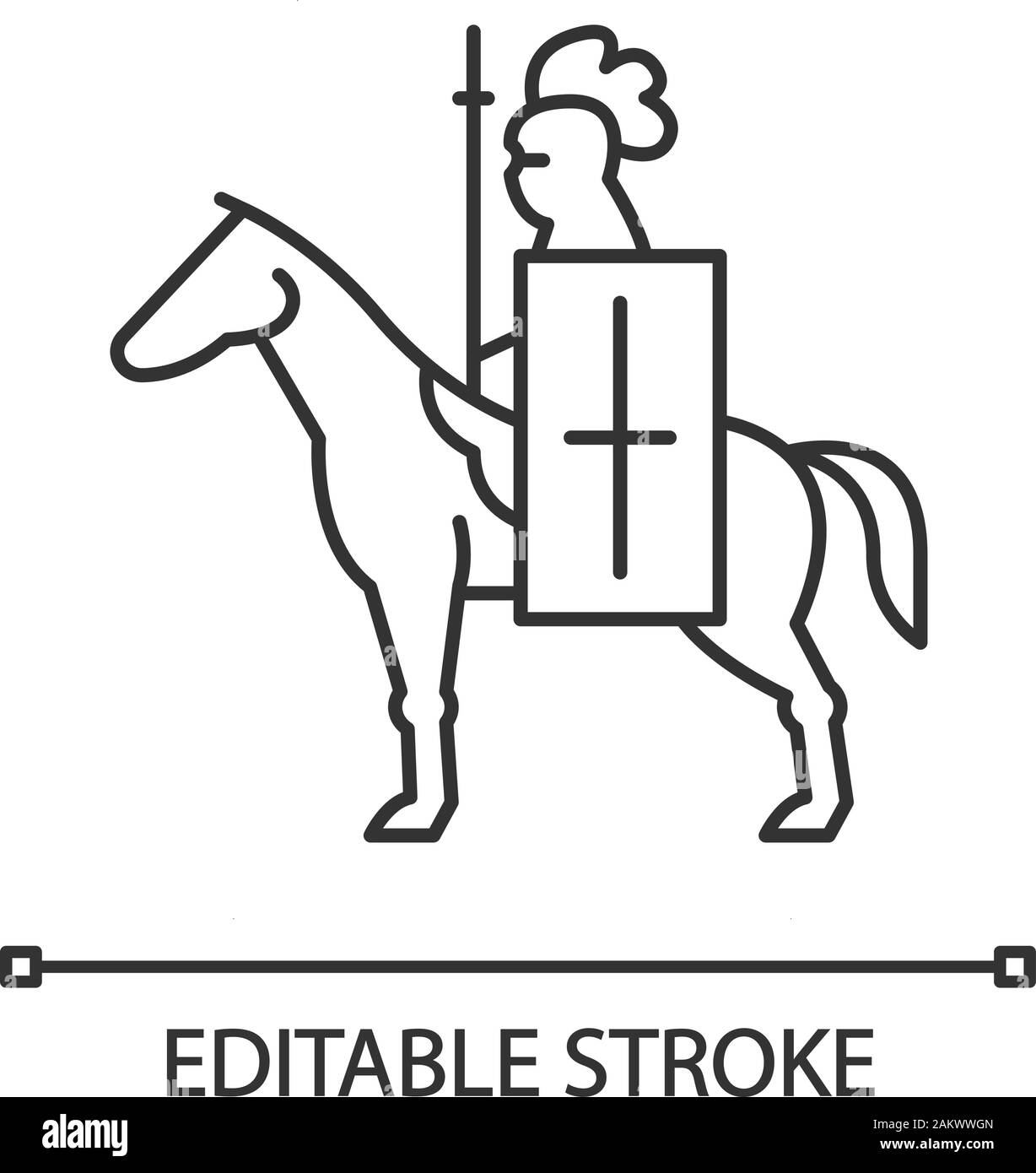Pferd Ritter mit Fahne lineare Symbol. Mittelalterliche Soldat Pferd ...