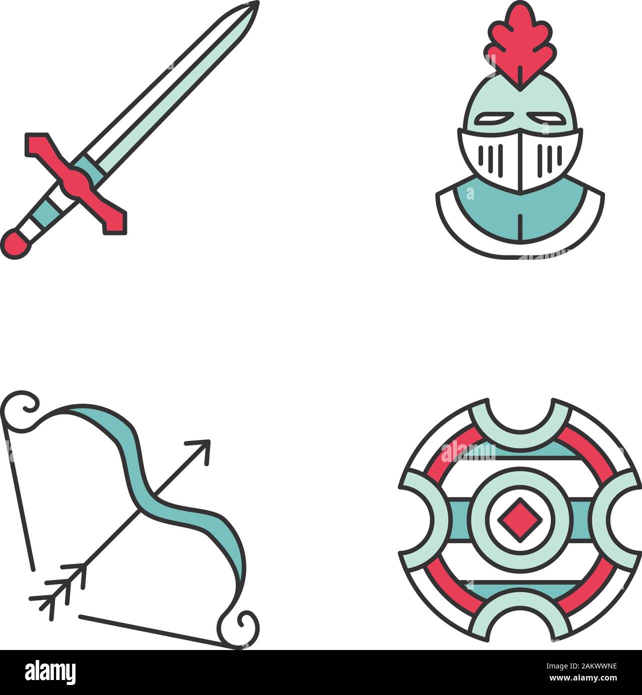 Mittelalterliche farbige Symbole gesetzt. Metall Schwert, Ritter Helm ...