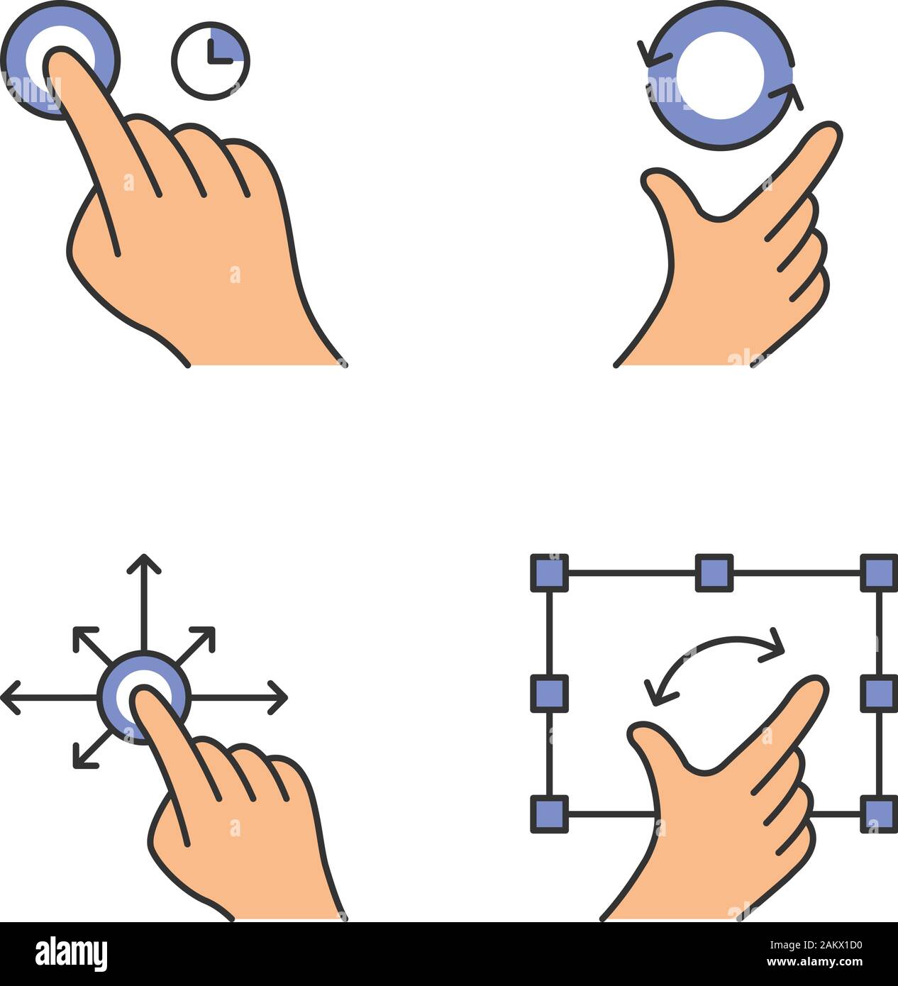 Touchscreen Gesten farbige Symbole gesetzt. Tippen und halten Sie, Zoomen, Drehen und ...