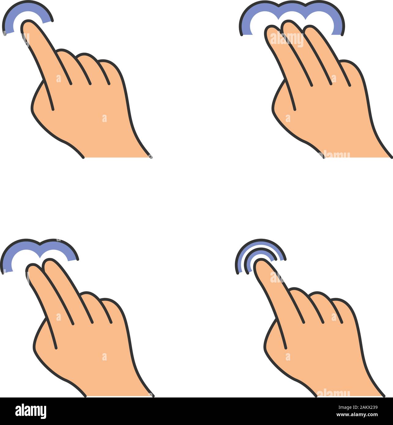 Touchscreen Gesten farbige Symbole gesetzt. Tippen Sie auf und zeigen ...