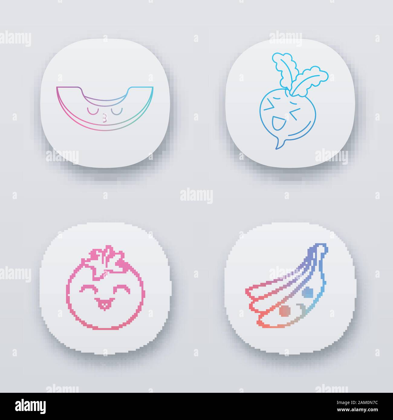 Gemüse und Früchte niedlich Kawaii app Zeichen gesetzt. Lustige Emoji ...