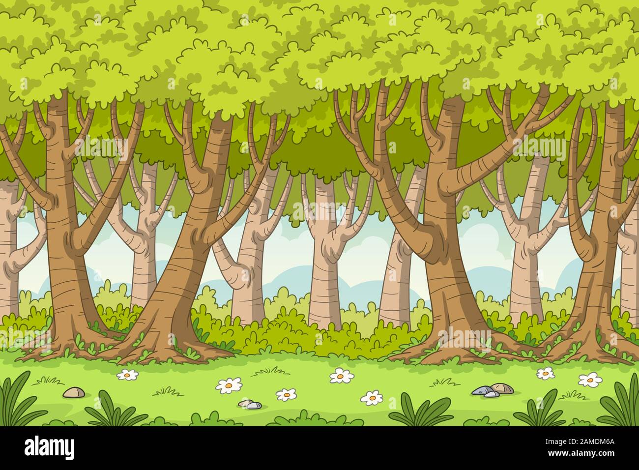 Hintergrund des Cartoon-Waldes. Vektorgrafiken mit separaten Ebenen ...