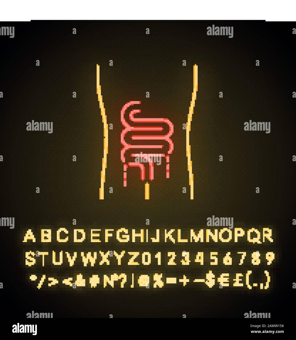 Symbol für krankes Darm mit Neonlicht. Schmerzendes menschliches Organ ...