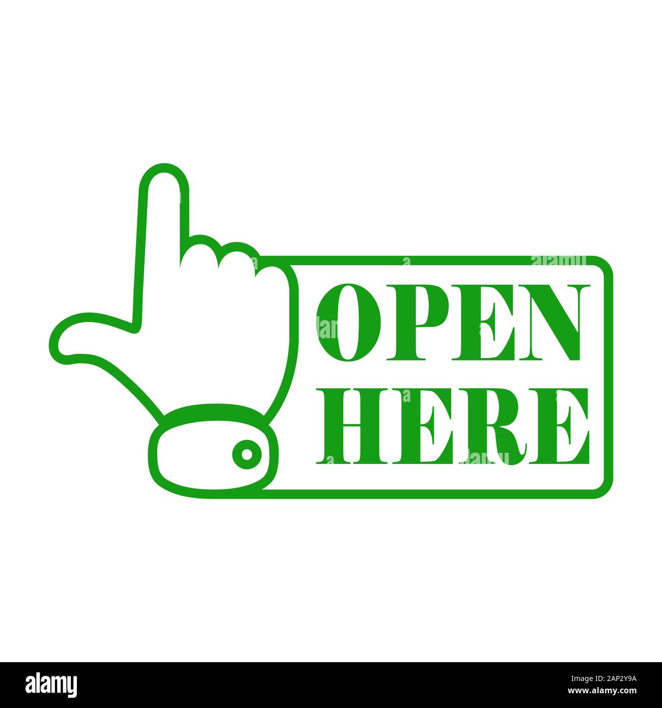 Hier Öffnen Schild mit Symbol Hand und mit Text. Grünes Symbol hier ...