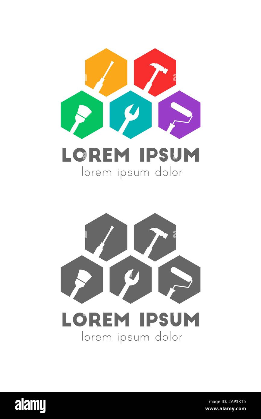 Bunte Werkzeuge als Logo Konzept. Symbole in Hexagon-form gekippt Stock ...