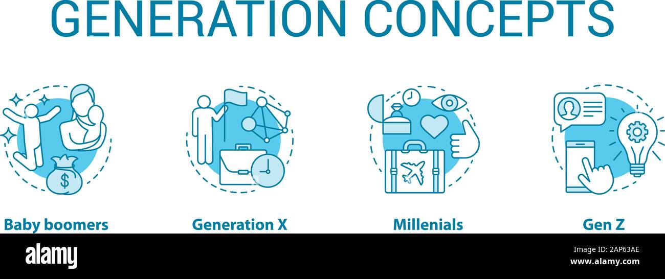 Generation Konzept Symbole gesetzt. Altersgruppen Idee dünne Linie ...