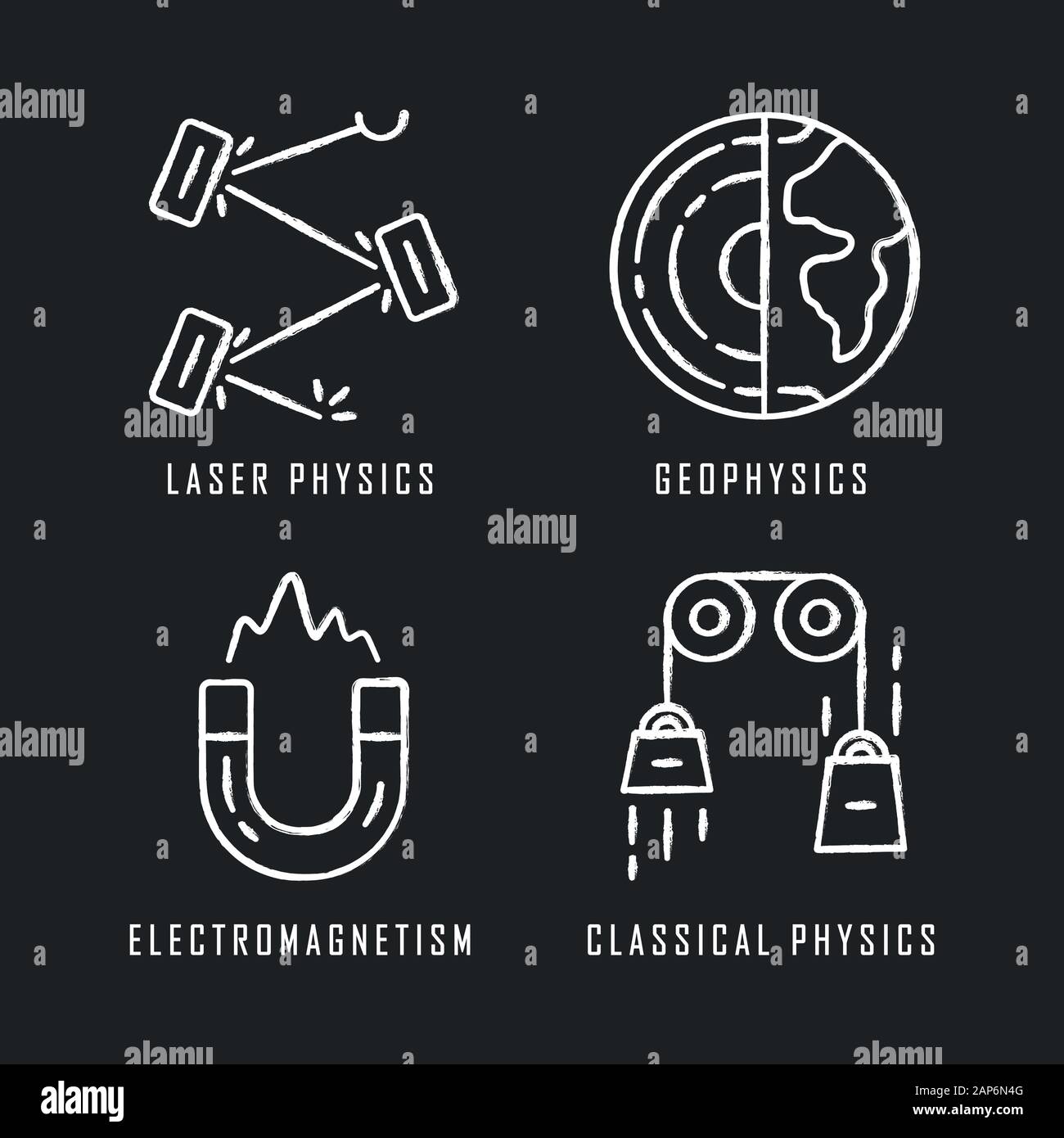 Physik Zweige chalk Symbole gesetzt. Laser und der klassischen Physik ...