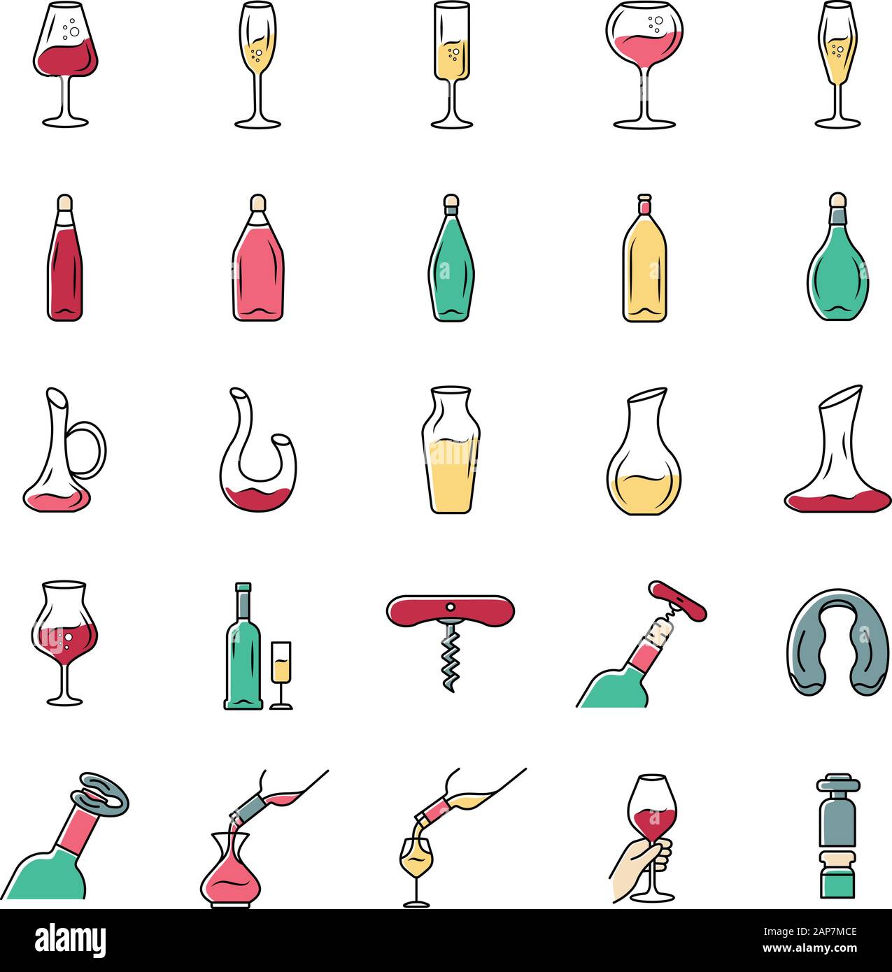 Wein- und Weingläser Symbole gesetzt. Verschiedene Arten von Gläsern ...