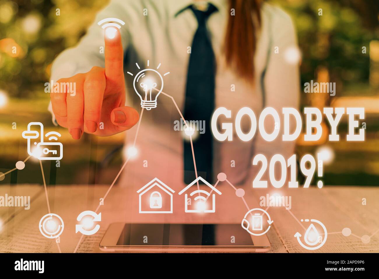 Word Writing Text Good Bye 2019. Geschäftsfoto, auf dem gezeigt wird, drückt beim Abstechen oder ...