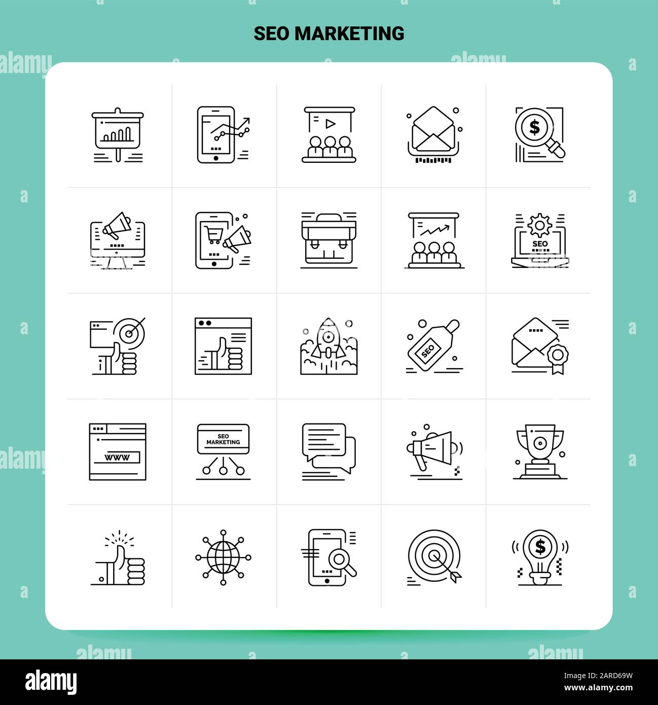 Übersicht 25 Seo Marketing Symbol Set. Vektorliniendesign Schwarze ...