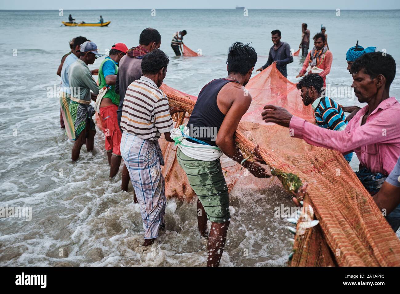 Fischer ziehen die Netze am Strand in Sri Lanka aus dem Meer. Die Stadt ...