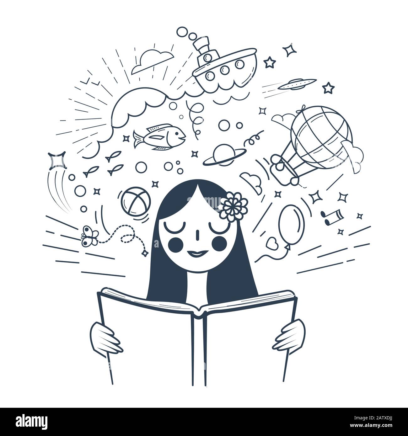 Mädchen, die ein Buch lesen und sich die Geschichte vorstellen. Symbol in linearem Format ...