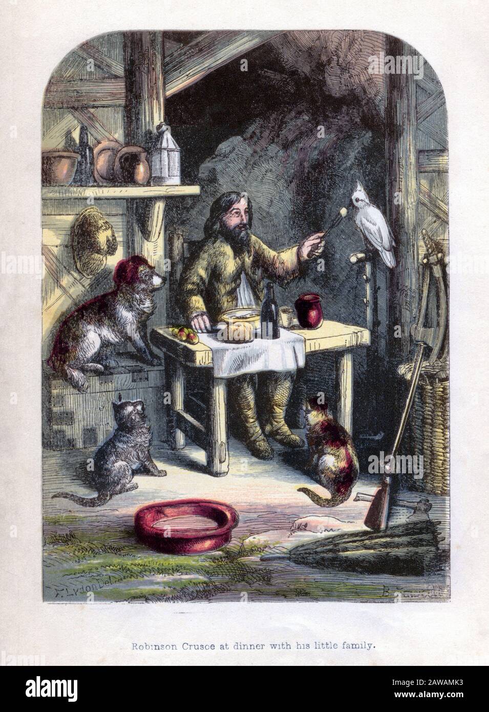1865 , GROSSBRITANNIEN : ROBINSON CRUSOE und FREITAG , Gravur des ...