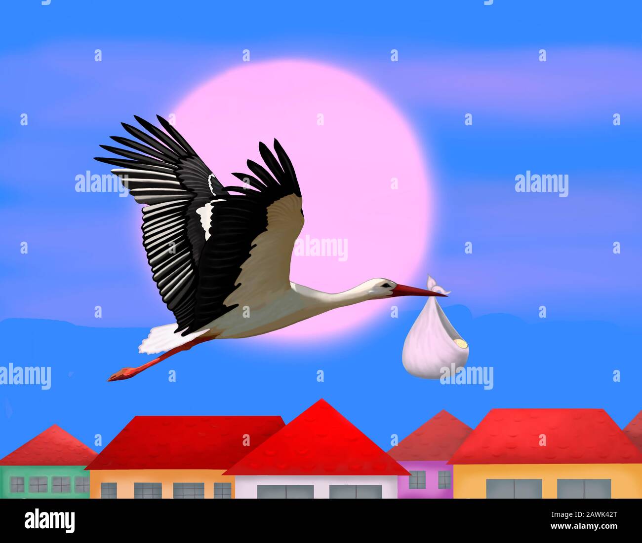 Realistische 3d-Zeichnung eines Storchvogels, der das Kind zu den ...