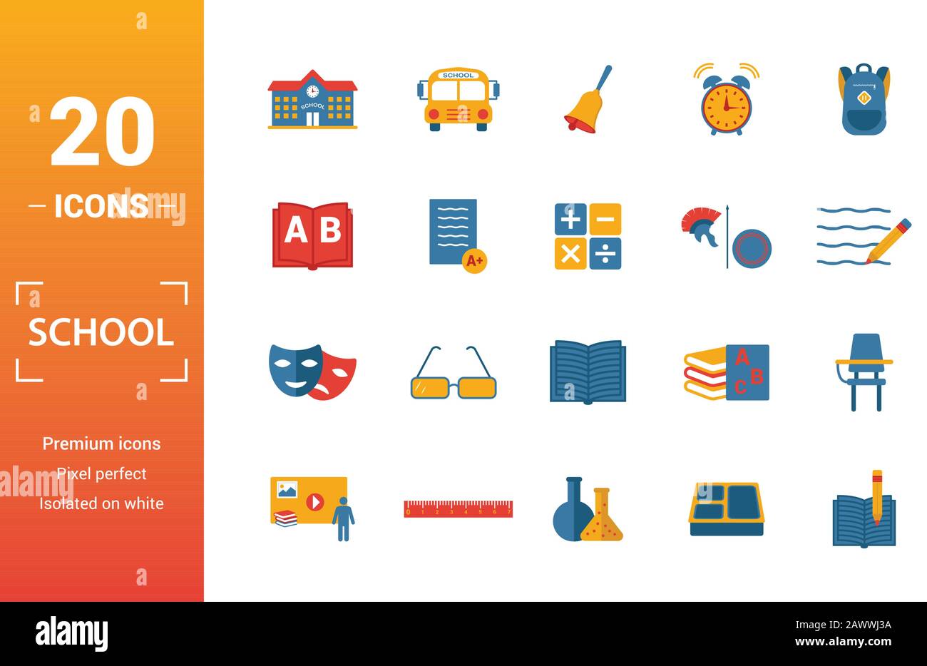 Schule Icon Set. Kreative Elemente der Schule, Bell, Alphabet ...