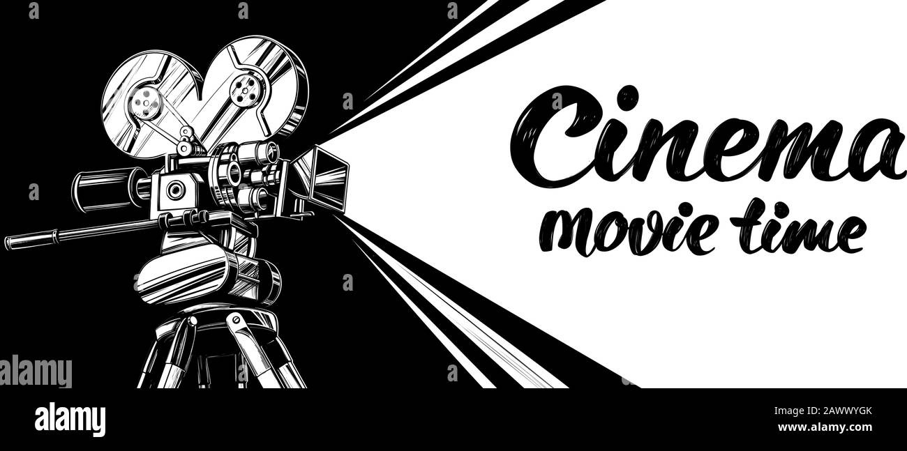 Kino Logo Festival, alte Filmkamera, kalligraphischer Text ...