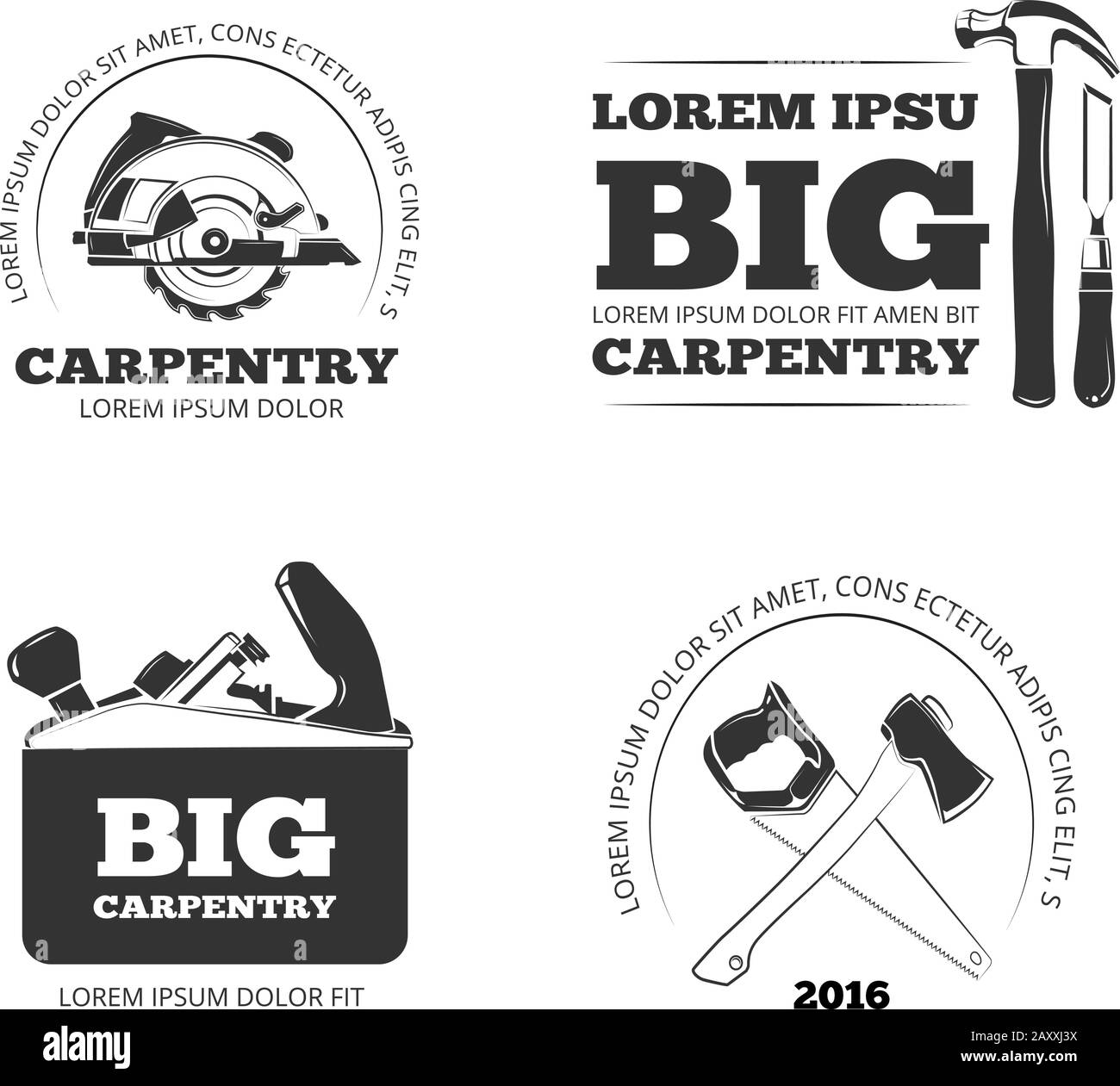 Zimmerei, Werkstatt-Vektor-Etiketten, Logos, Abzeichen und Embleme mit ...