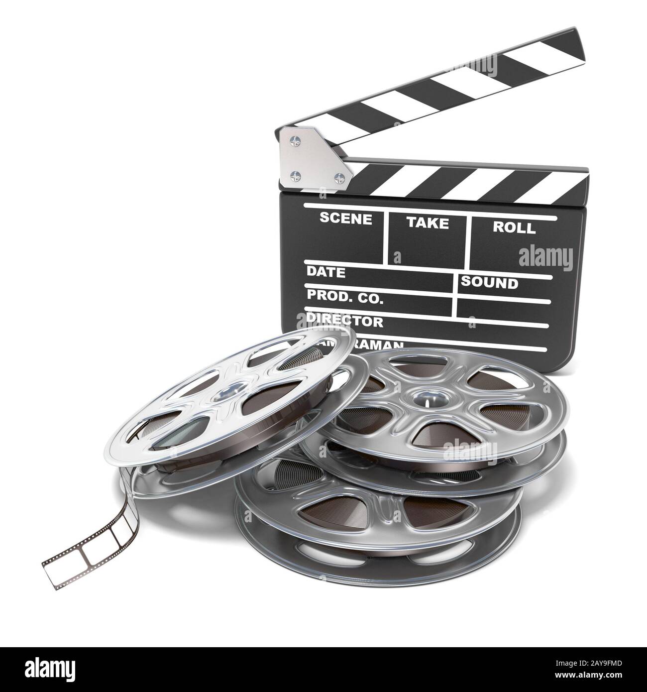 Filmrollen und Movie clapper Board. Video -Symbol. 3D Stockfotografie ...