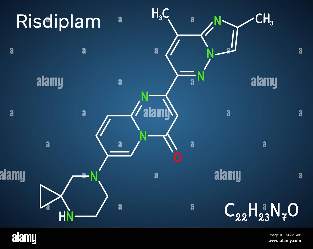 Risdiplam, RG7916, C22H23N7O-Molekül. Es ist ein experimentelles ...
