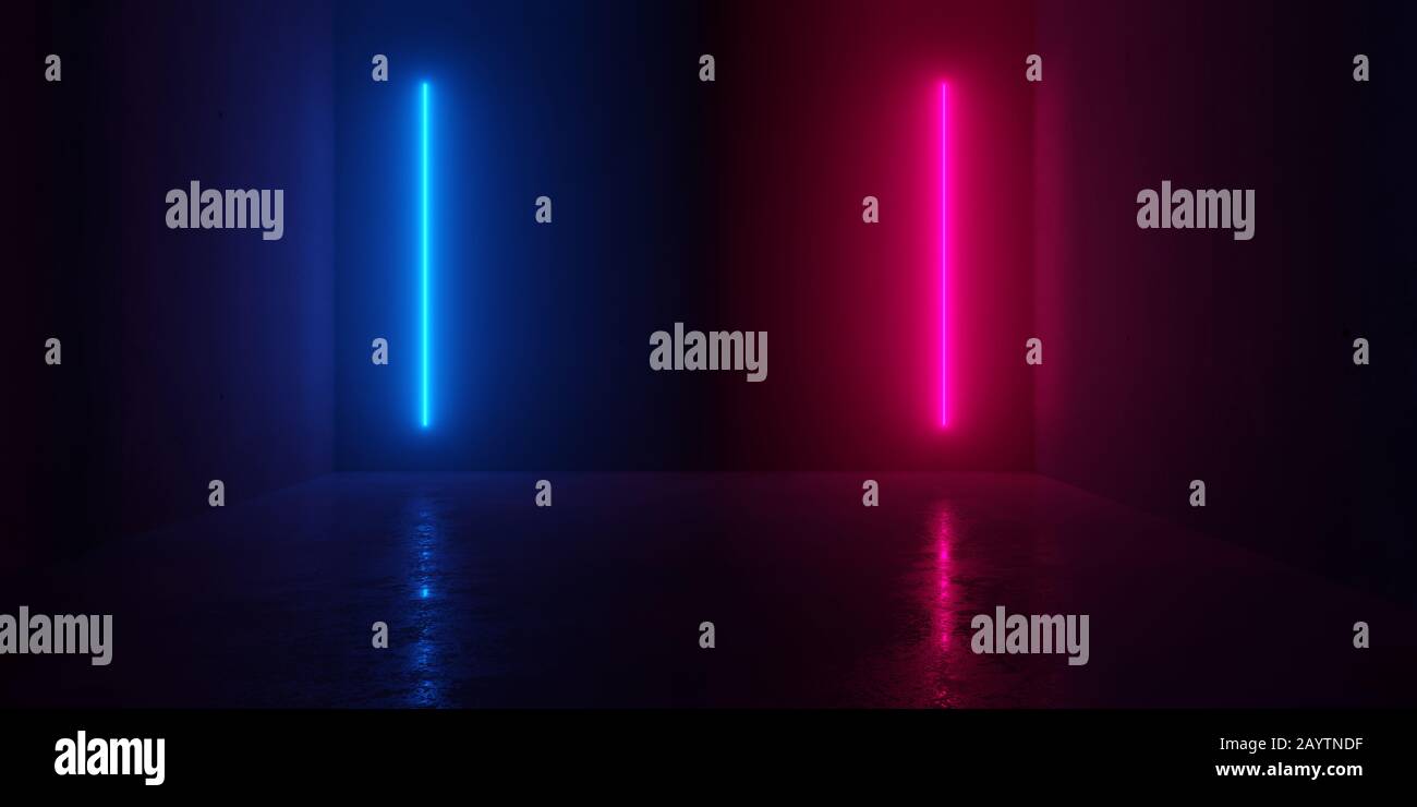 Abstrakte blaue und rot leuchtende Neonröhren im leeren Betonraum mit ...