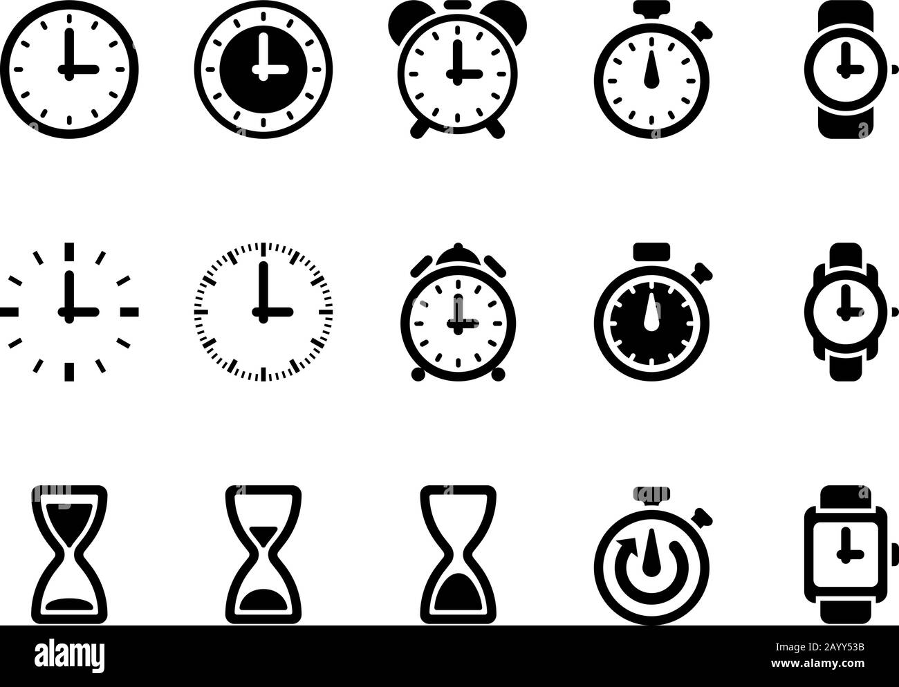 Uhr, Zeitvektor-Symbole. Symbol für Stunden- und Uhrzeituhr und Timer ...