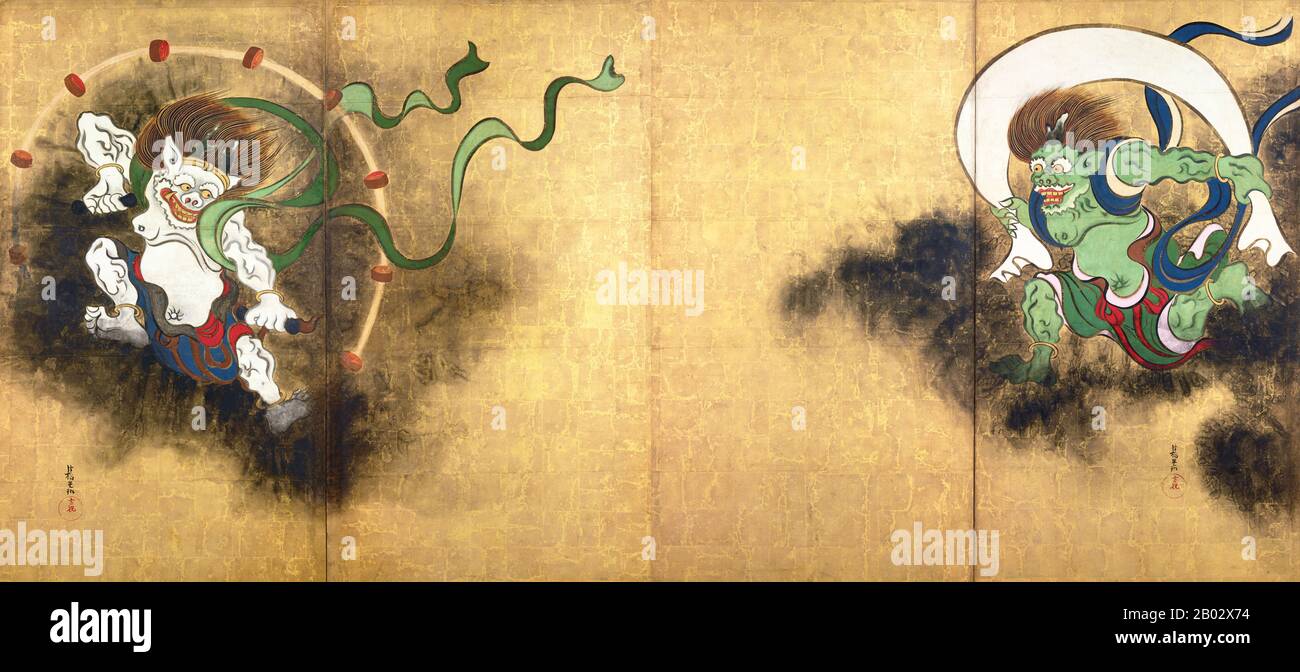 Raijin ist ein gott der Blitze, Donner und Stürme in der Shinto ...