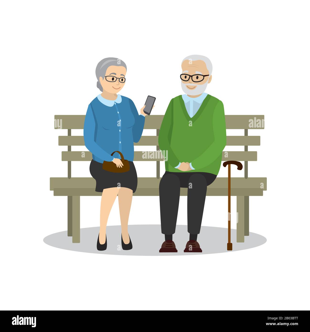 Alte Leute sitzen auf der Bank, Großmutter mit Smartphone, isoliert auf ...