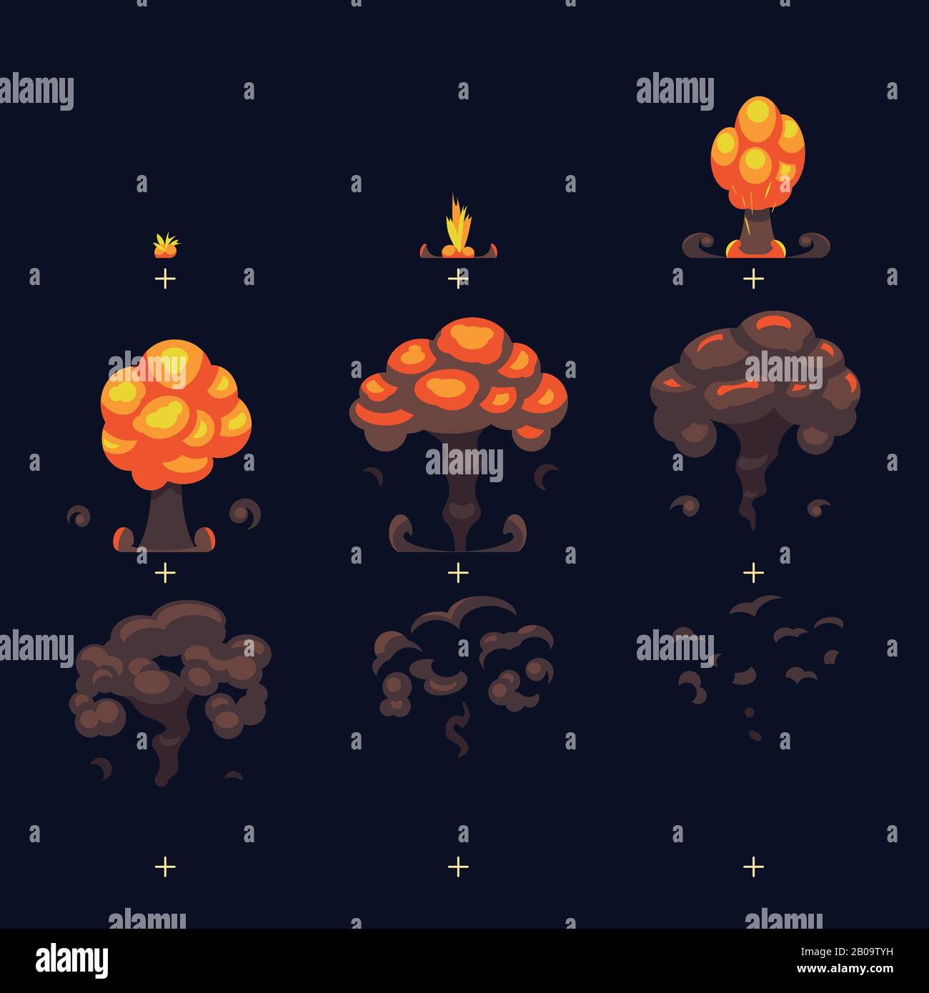 Cartoon Atombombenexplosion, Bodenexplosion mit Rauch und Staub Comic ...