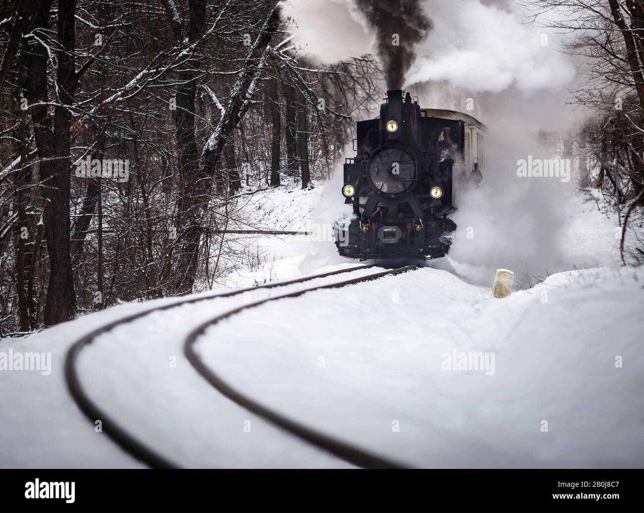 Budapest, Ungarn - Schöne Winterwaldszene mit Schnee und alter Dampflok ...