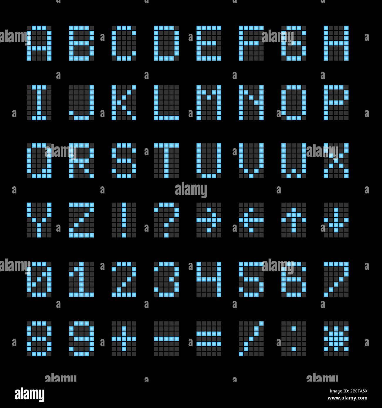 Anzeigetafel elektronische digitale Zeichen, Zahlen und Buchstaben Vektorschrift. Digitale ABC ...